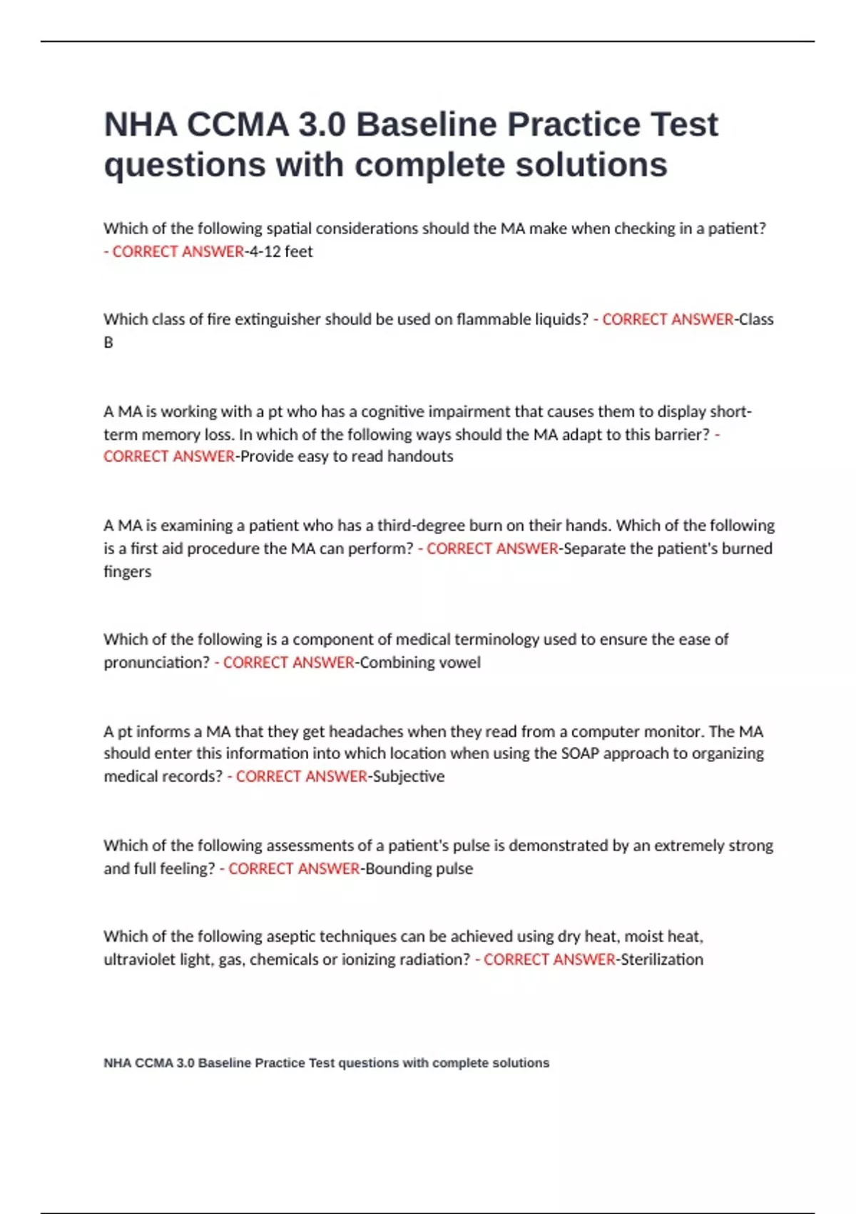 NHA CCMA 3.0 Baseline Practice Test questions with complete solutions ...