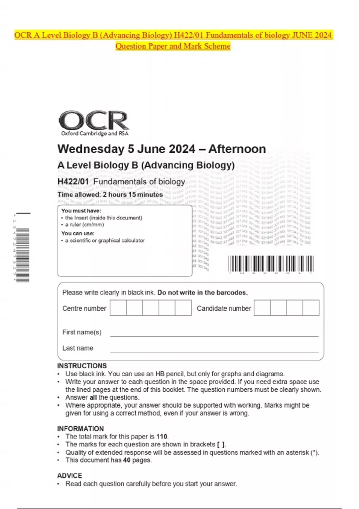 OCR A Level Biology B (Advancing Biology) H422/01 Fundamentals of ...