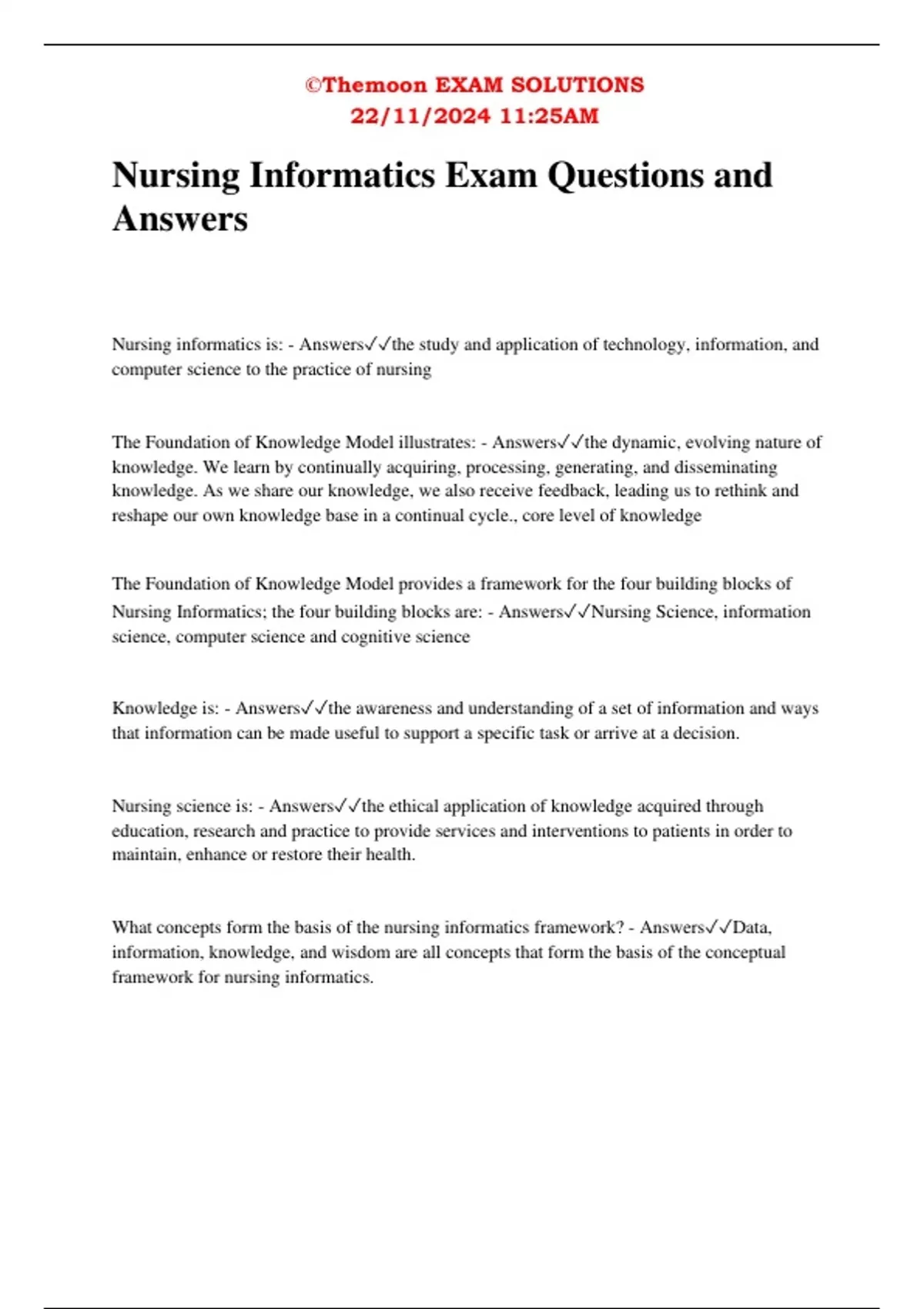 Nursing Informatics Exam Questions and Answers - Nursing Informatics - Stuvia US