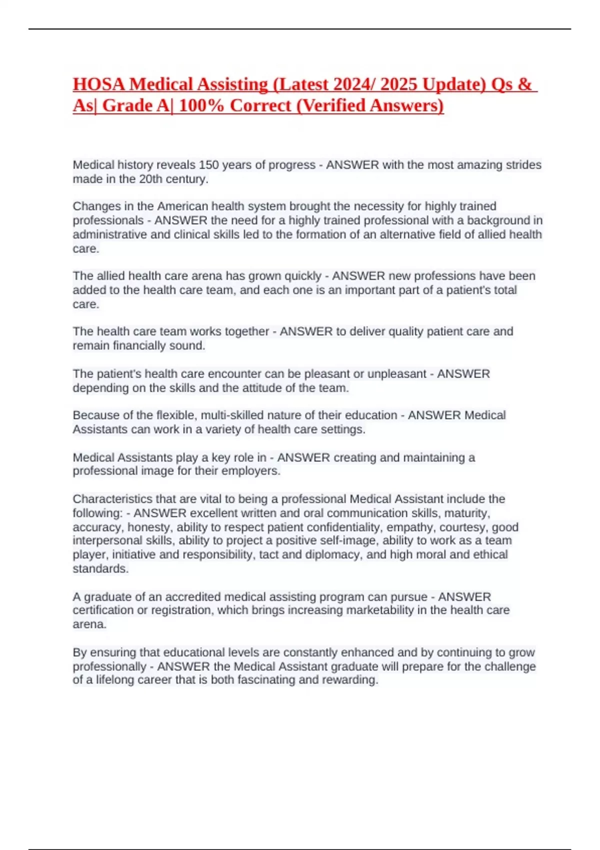 HOSA Medical Assisting (Latest 2024/ 2025 Update) Qs & As| Grade A| 100 ...