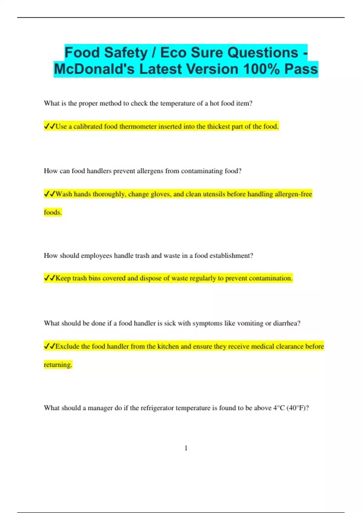 Food Safety / Eco Sure Questions - McDonald's Latest Version 100% Pass ...
