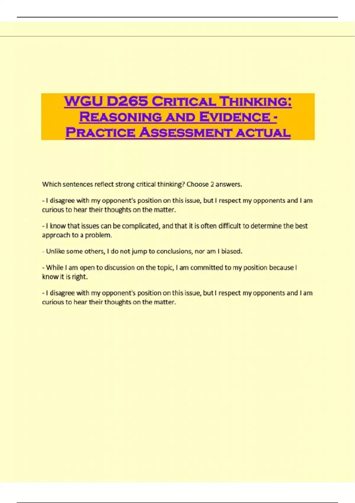 WGU D265 Critical Thinking: Reasoning and Evidence - Practice ...