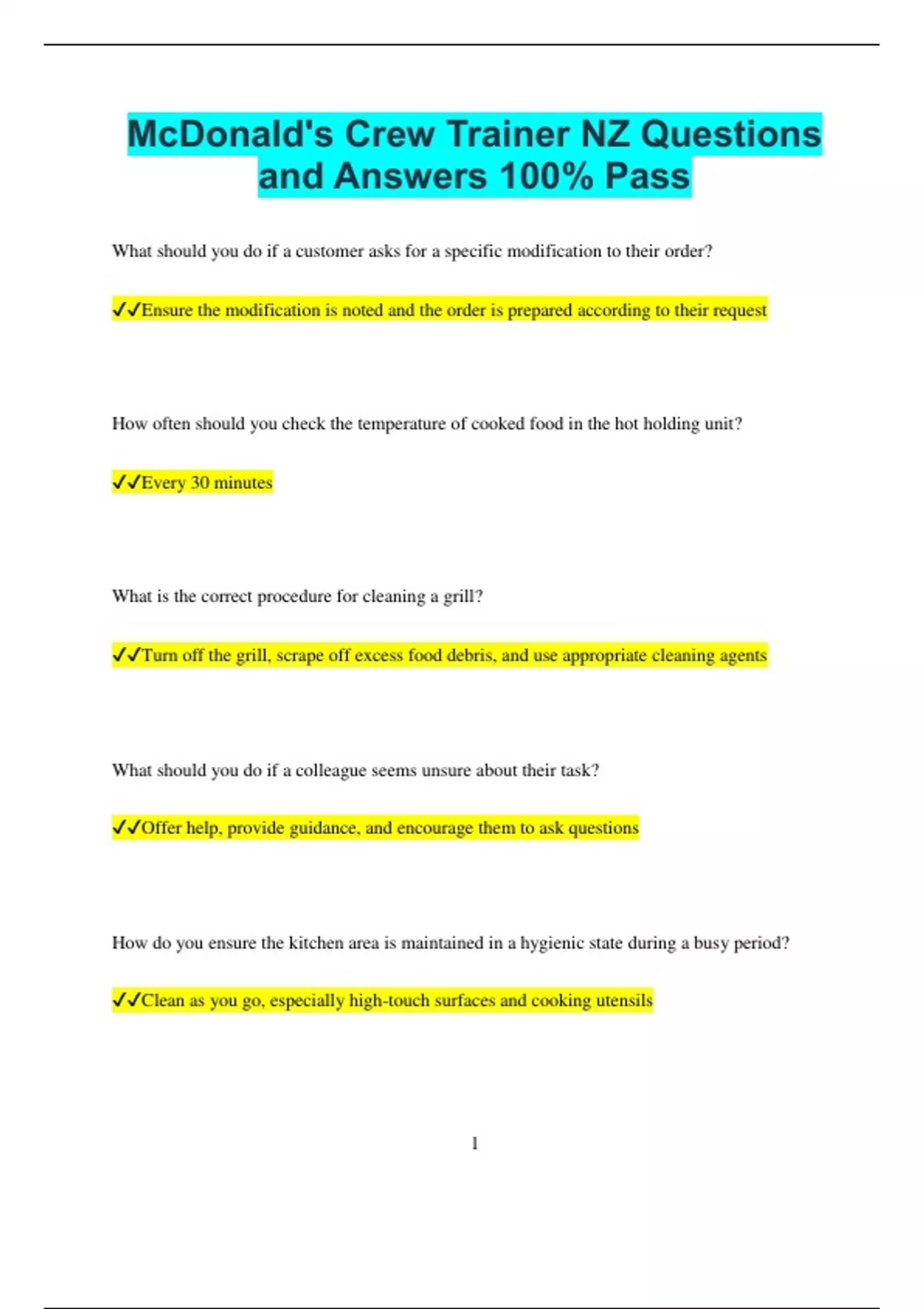 McDonald's Crew Trainer NZ Questions and Answers 100% Pass - McDonald ...