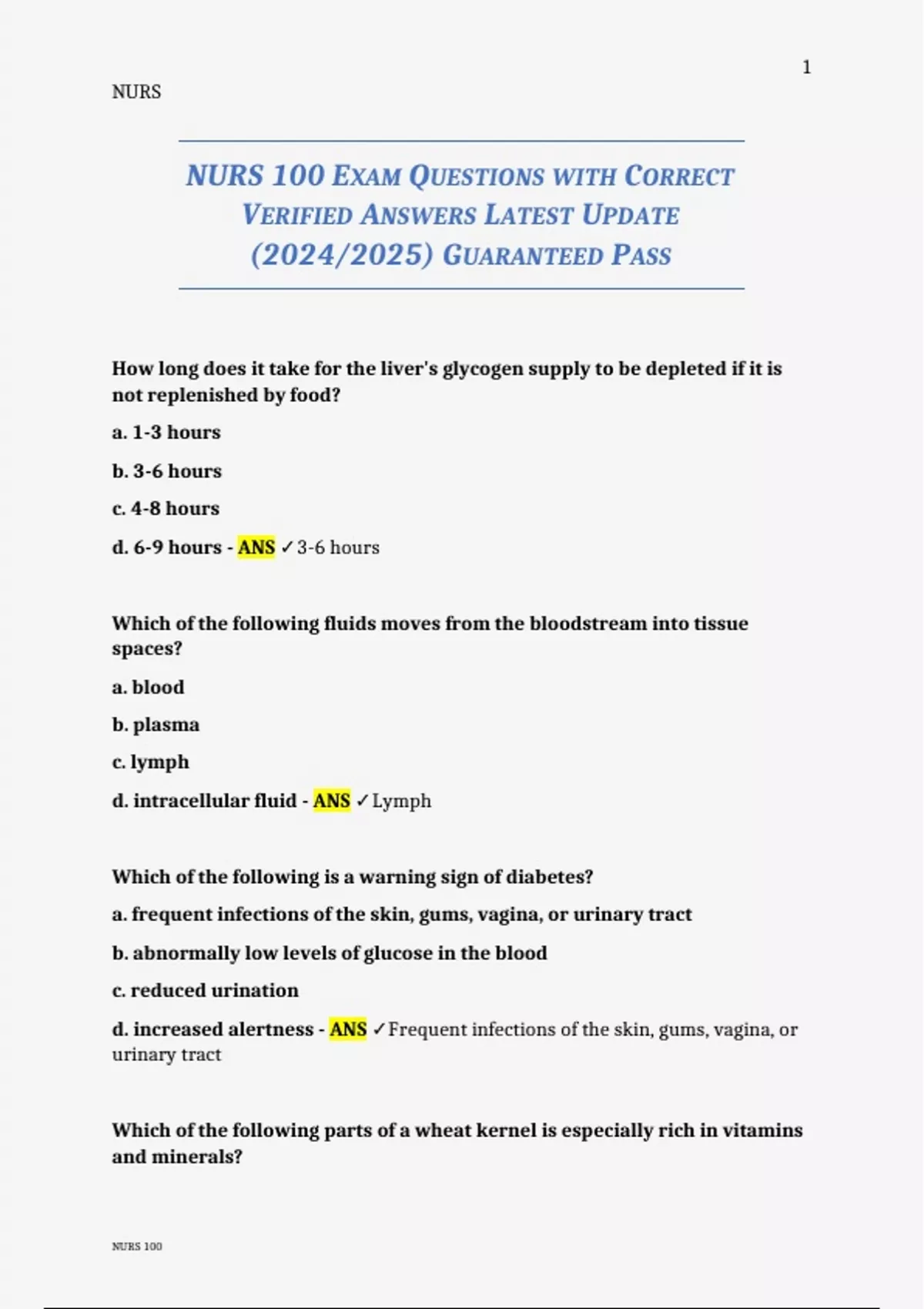 NURS 100 EXAM QUESTIONS WITH CORRECT VERIFIED ANSWERS LATEST UPDATE ...