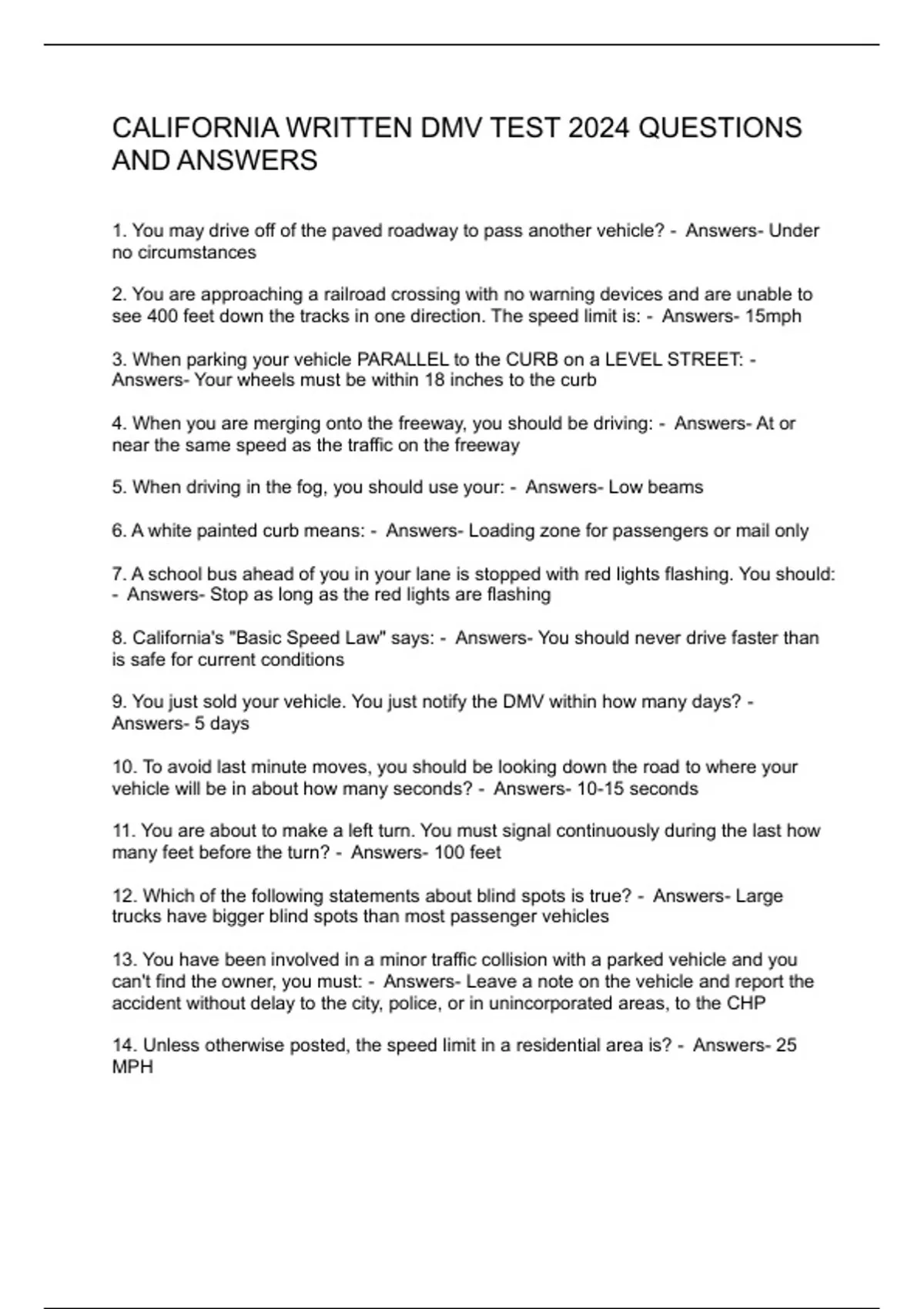 CALIFORNIA WRITTEN DMV TEST 2024 QUESTIONS AND ANSWERS - DMV California ...