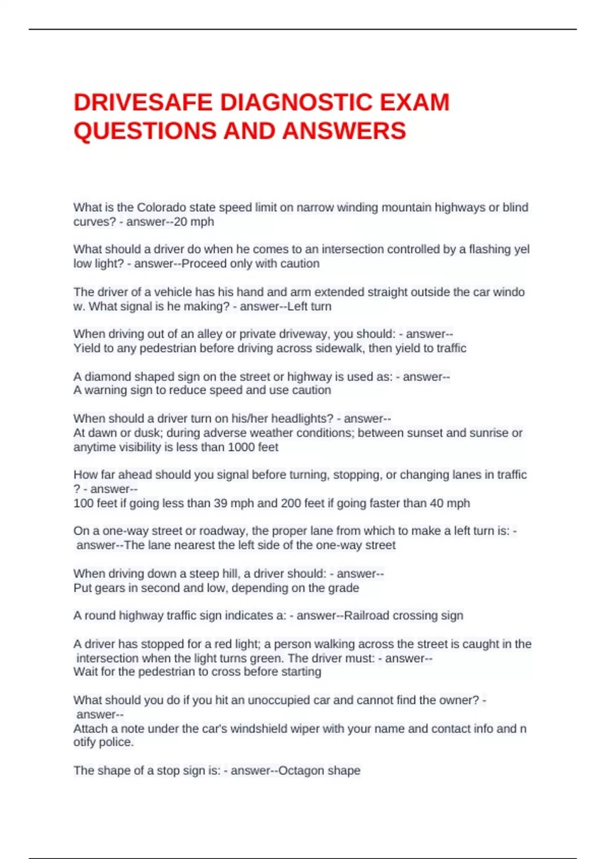 DRIVESAFE DIAGNOSTIC EXAM QUESTIONS AND ANSWERS - Drive safe online defensive drivi gcourse ...