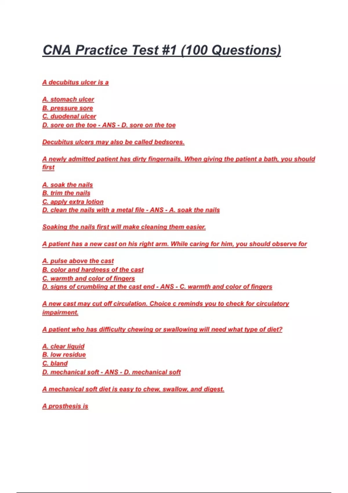 CNA Practice Test 1 Exam 2024/2025 (100 Questions) With Completed ...