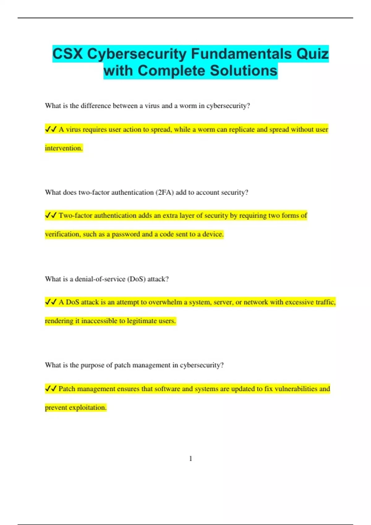 CSX Cybersecurity Fundamentals Quiz with Complete Solutions - CSX ...