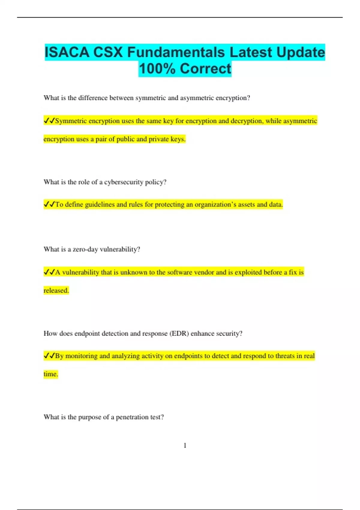 ISACA CSX Fundamentals Latest Update 100% Correct - ISACA CSX ...