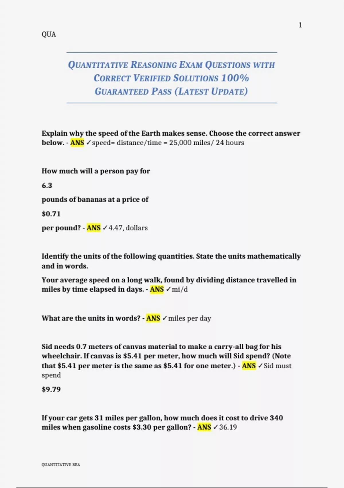 Quantitative Reasoning Exam Questions With Correct Verified Solutions 100 Guaranteed Pass