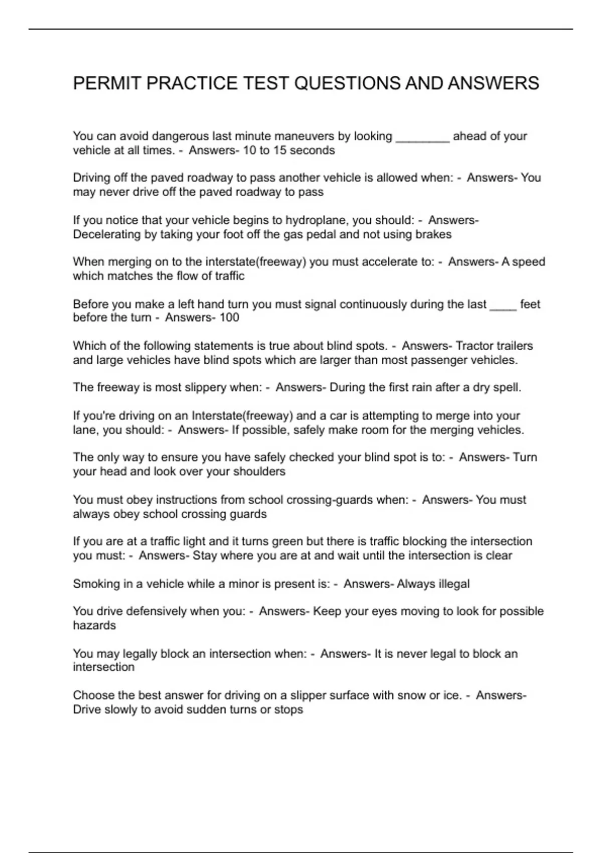 PERMIT PRACTICE TEST QUESTIONS AND ANSWERS 2024/2025 - LEARNERS PERMIT ...