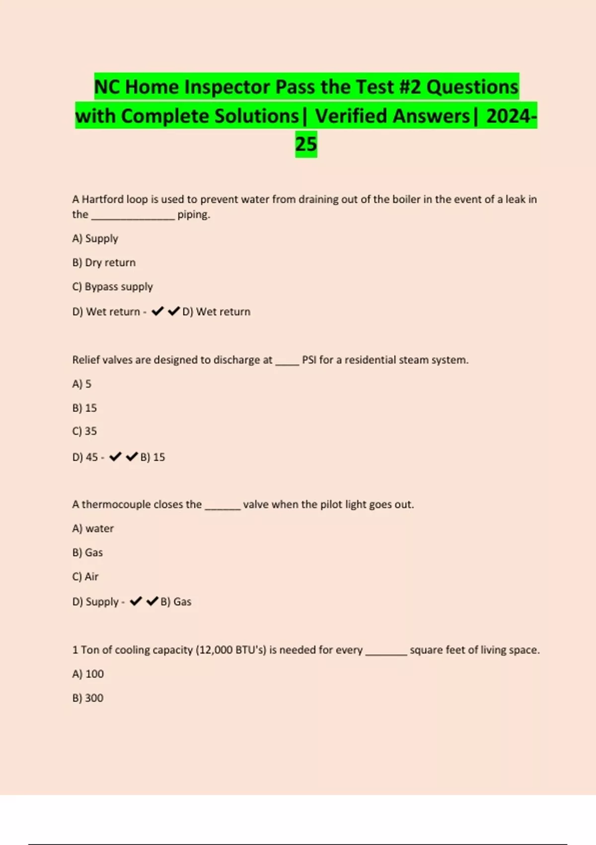 NC Home Inspector Pass the Test #2 Questions with Complete Solutions ...