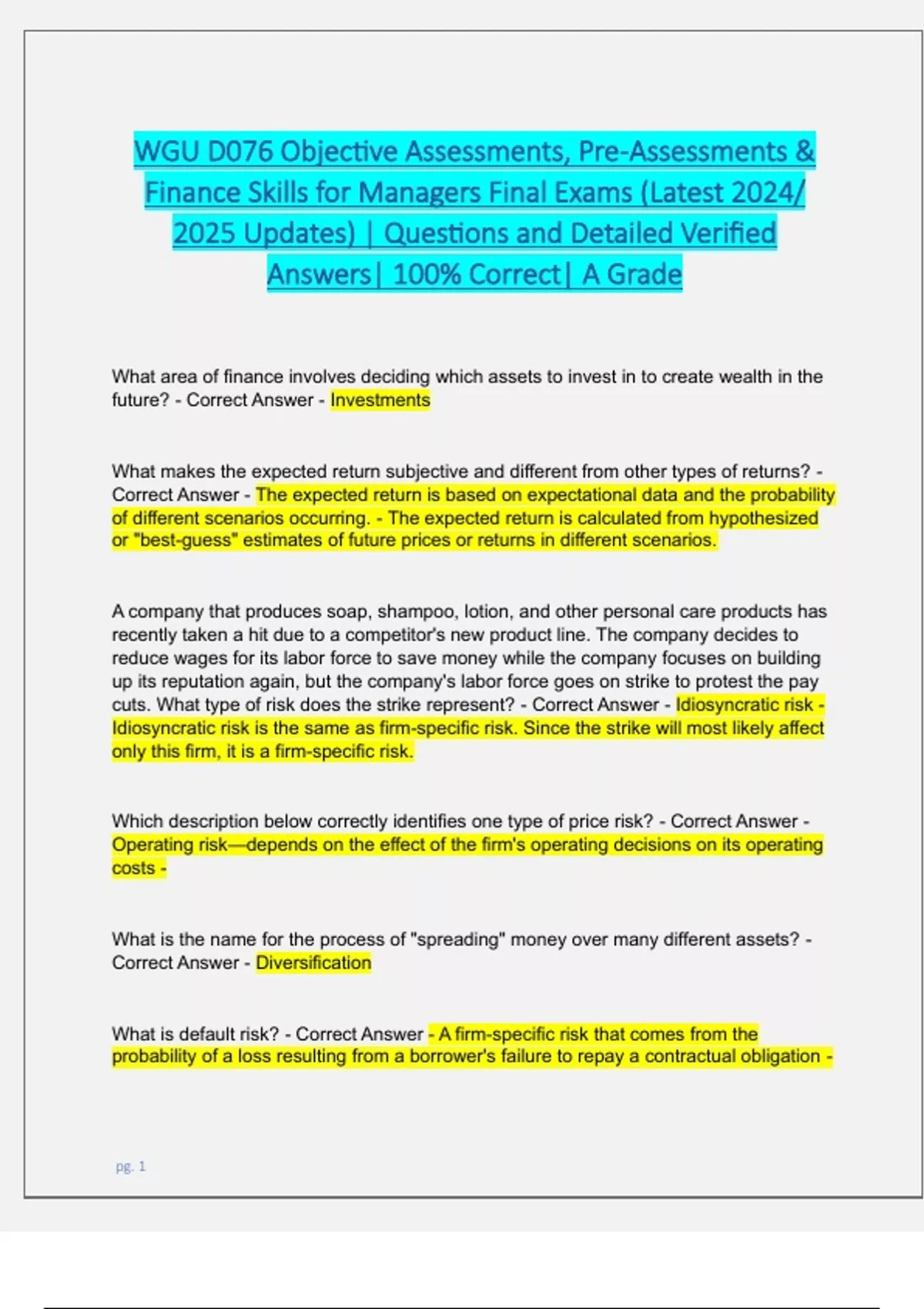 WGU D076 Objective Assessments, Pre-Assessments & Finance Skills for Managers Final Exams ...