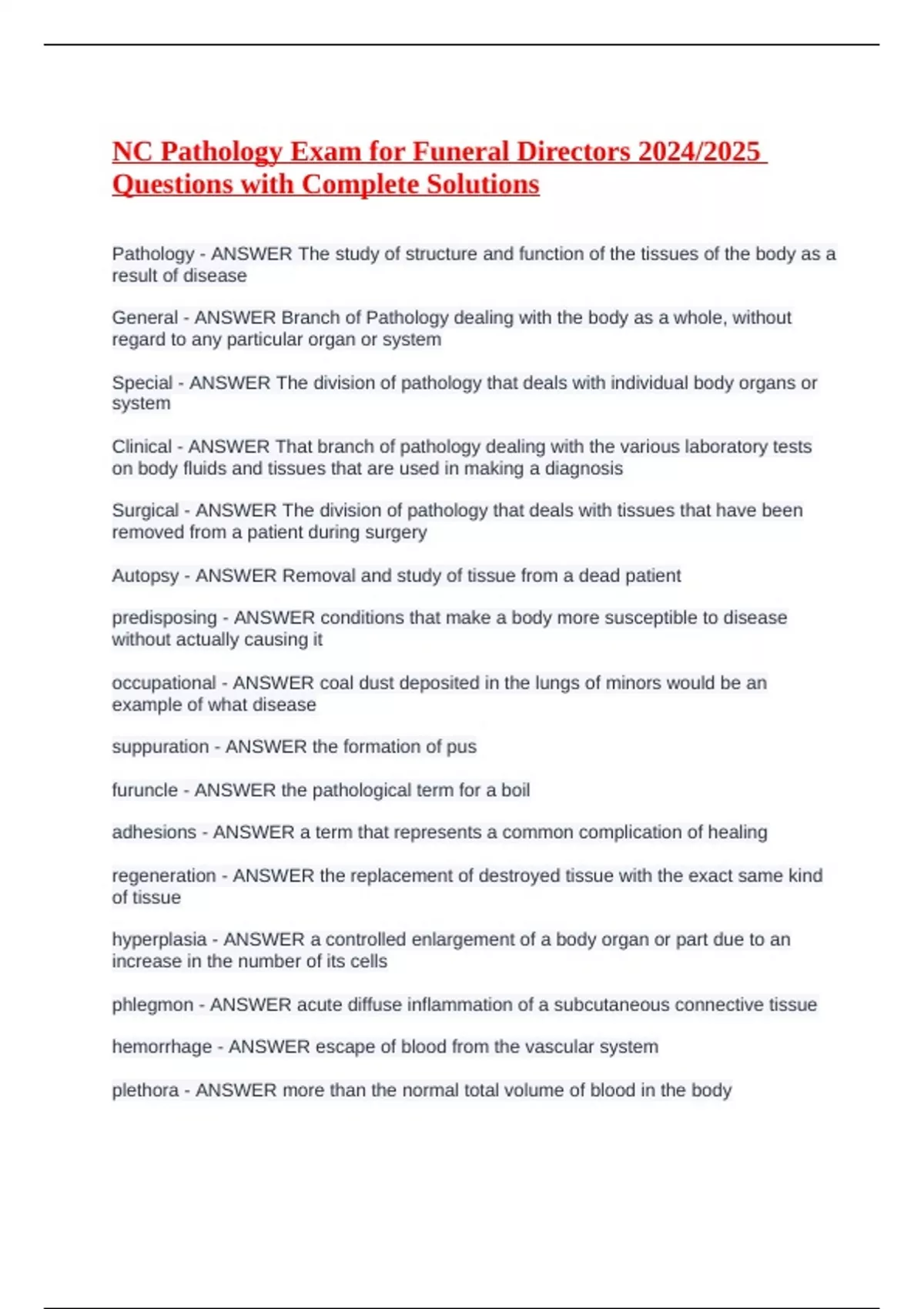 NC Pathology Exam for Funeral Directors 2024 - NC Pathology - Stuvia US