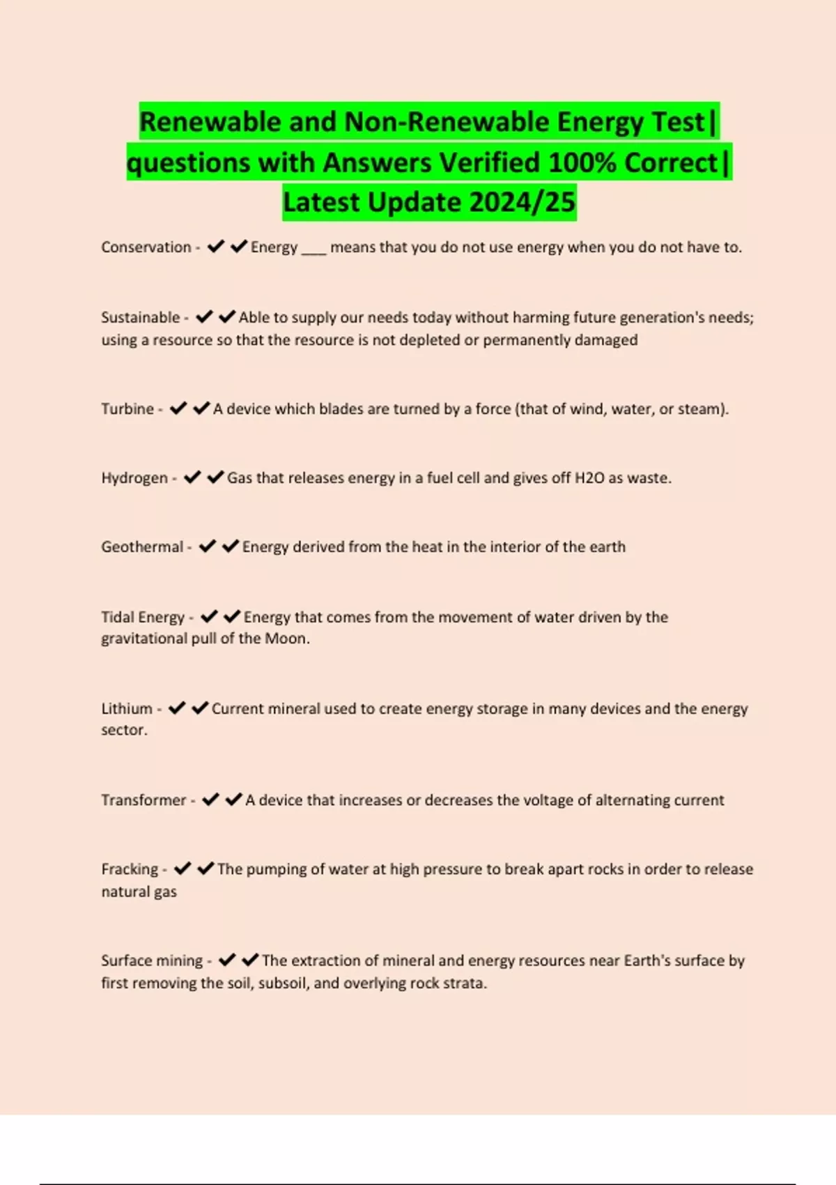 Renewable and Non-Renewable Energy Test| questions with Answers ...