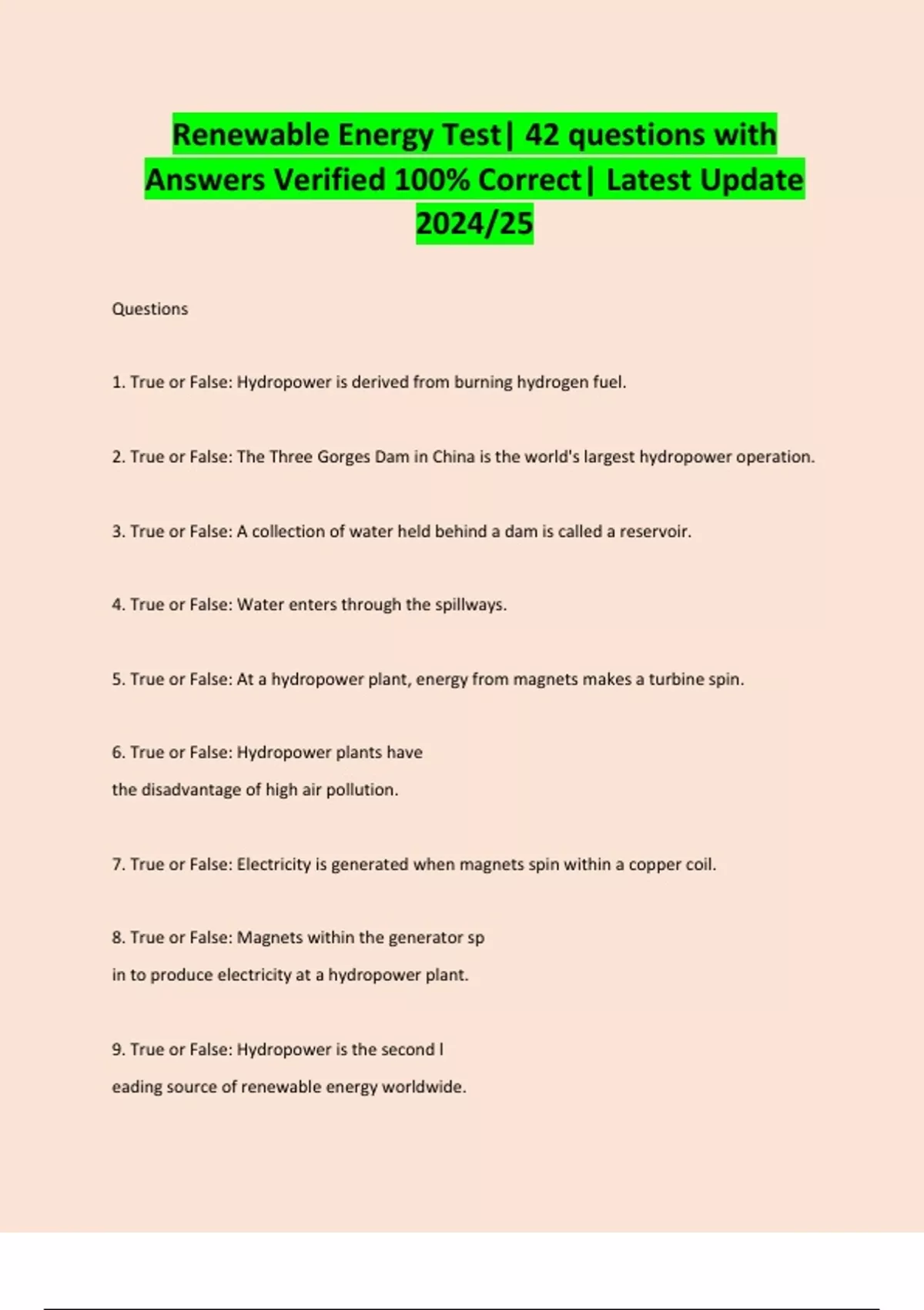 Renewable Energy Test| 42 questions with Answers Verified 100% Correct ...