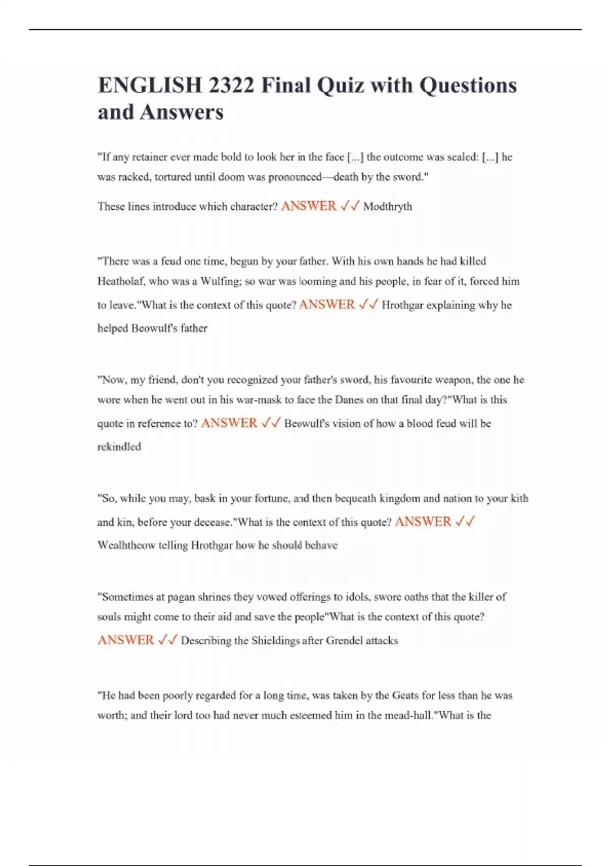 ENGLISH 2322 Final Quiz with Questions and Answers - ENGLISH 2322 ...