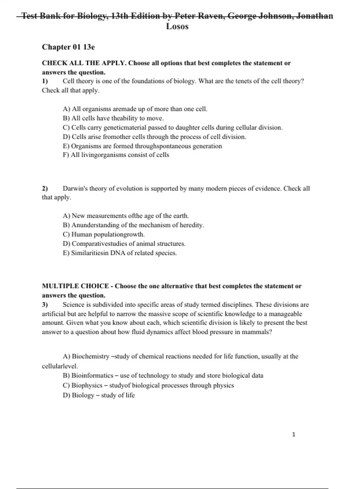 Test Bank for Biology, 13th Edition by Peter Raven, George Johnson ...