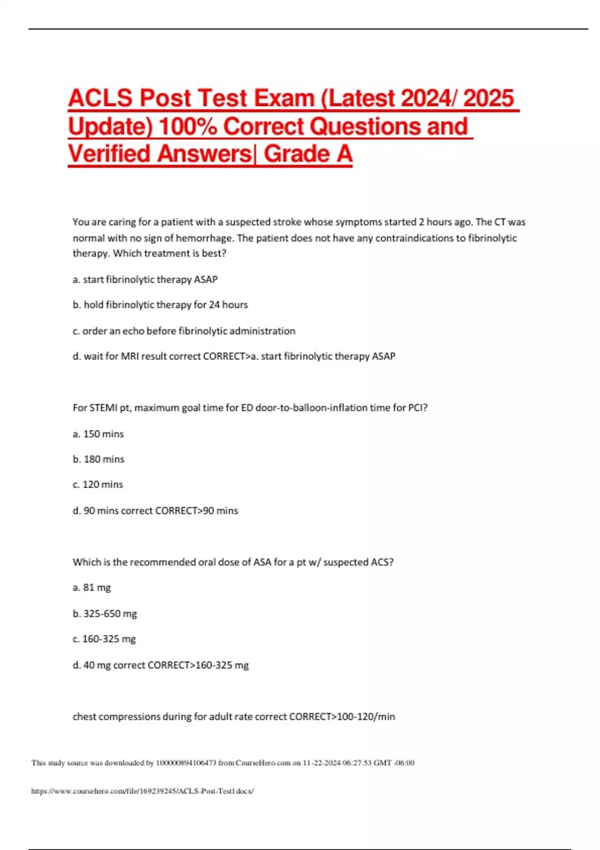 ACLS Post Test Exam (Latest 2024/ 2025 Update) 100% Correct Questions ...
