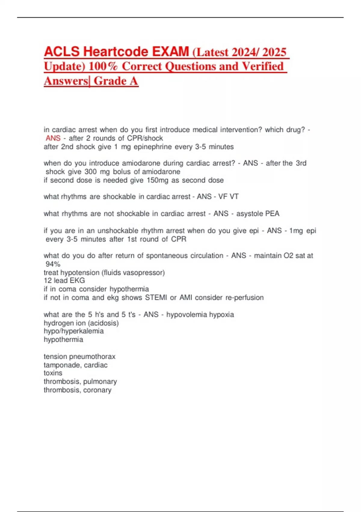 ACLS Heartcode EXAM (Latest 2024/ 2025 Update) 100% Correct Questions ...