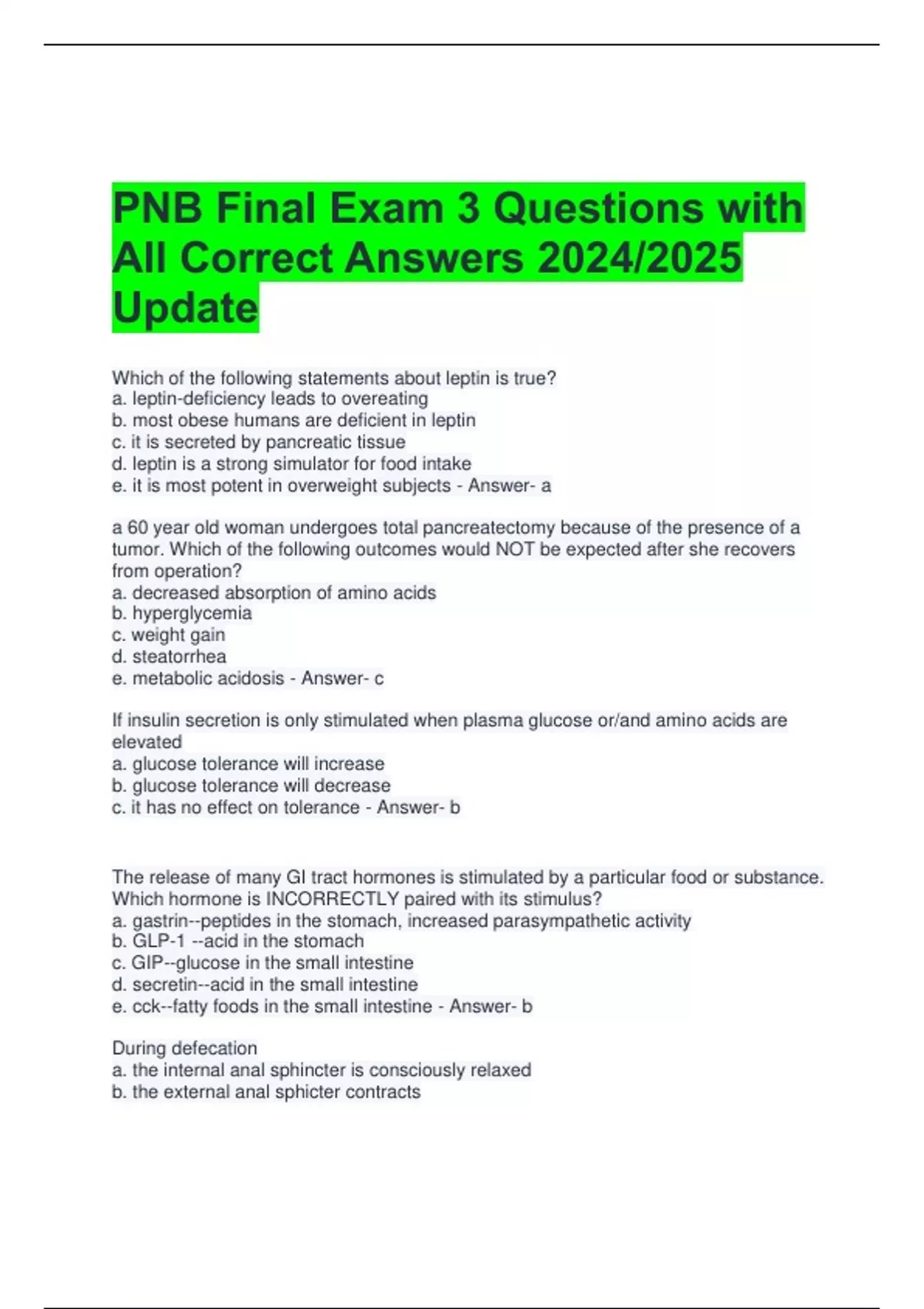 PNB Final Exam 3 Questions with All Correct Answers 2024/2025 Update ...