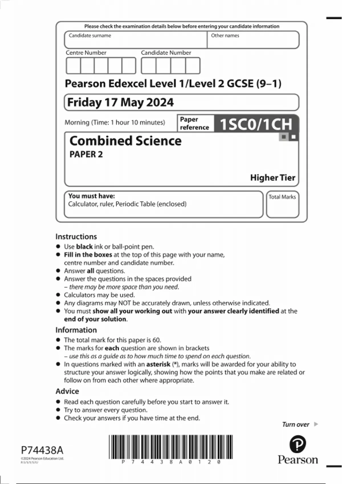 2024 Pearson Edexcel Level 1/Level 2 GCSE Combined Science PAPER 2 ...