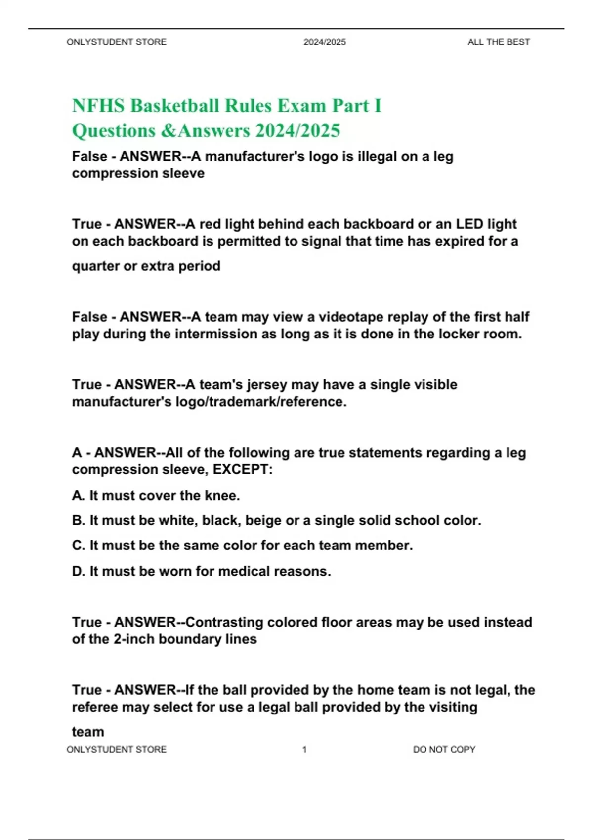 NFHS Basketball Rules ExamPart I Questions &Answers 2024/2025 GradedA+ ...