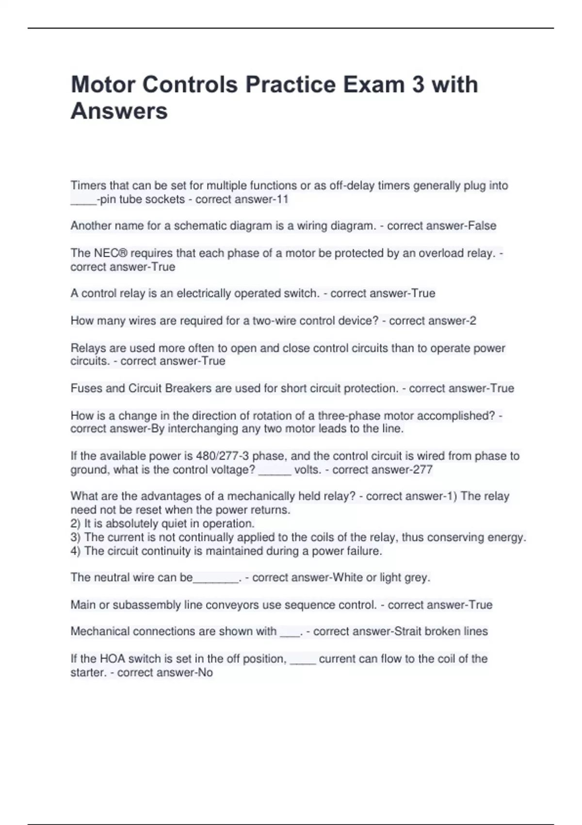 Motor Controls Practice Exam 3 with Answers - Motor Controls - Stuvia US