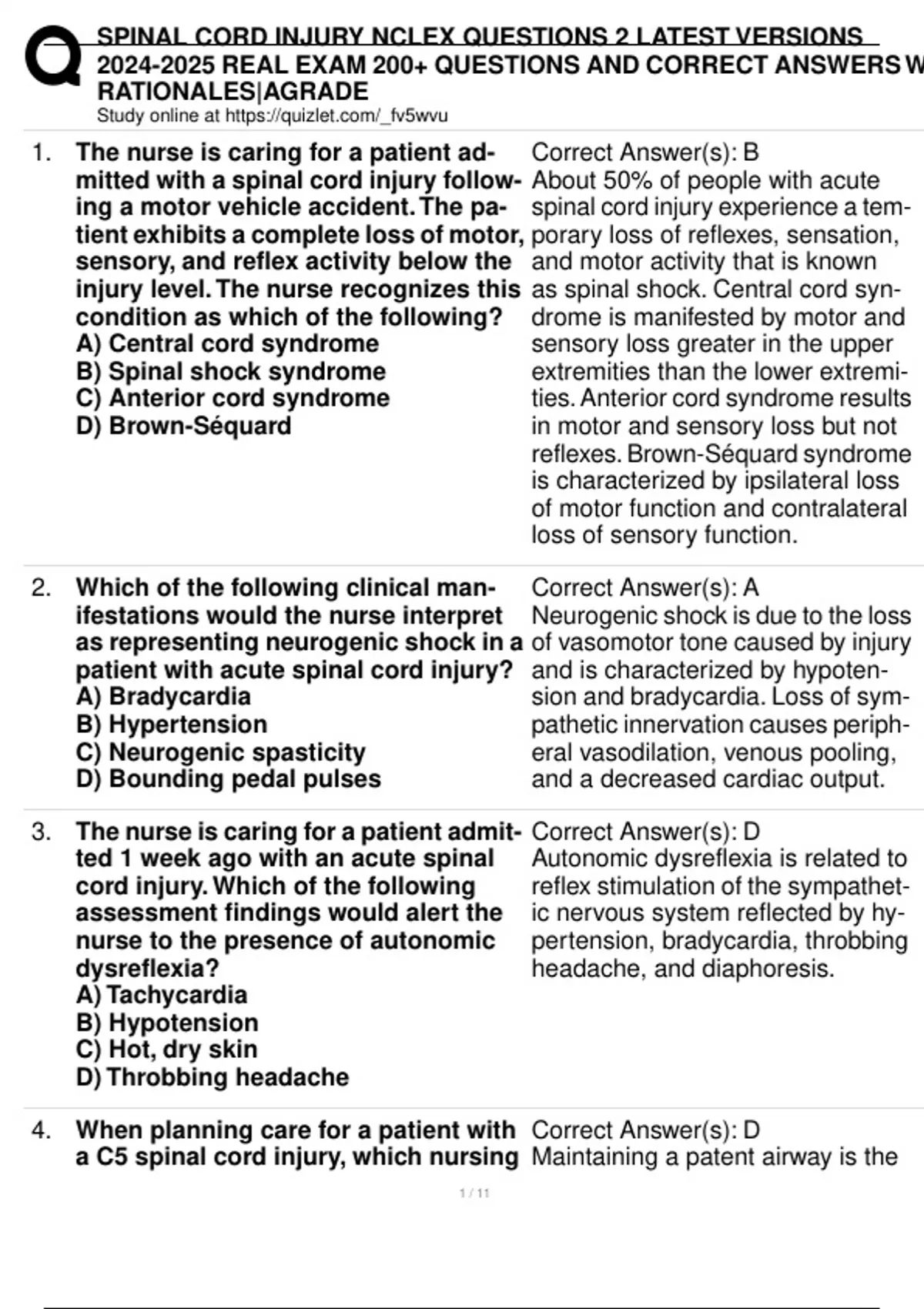 SPINAL CORD INJURY NCLEX QUESTIONS 2 LATEST VERSIONS REAL EXAM 200 ...