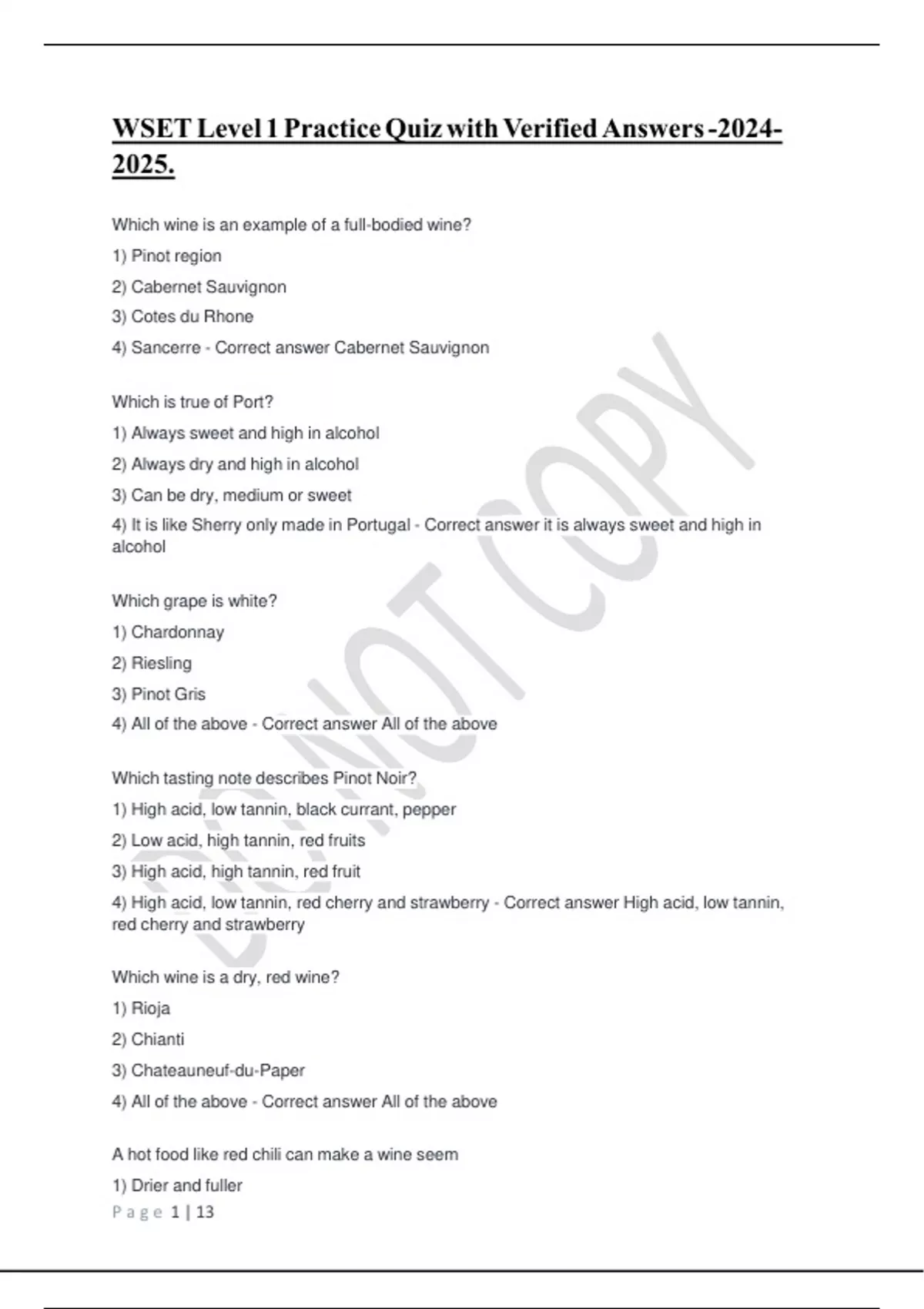 WSET Level 1 Practice Quiz with Verified Answers -. - WSET Level 1 ...