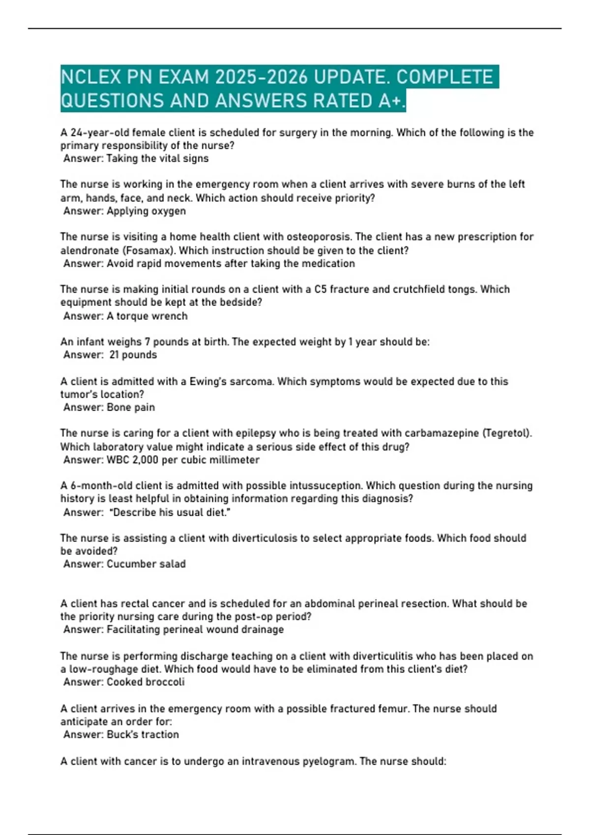 NCLEX PN EXAM UPDATE. COMPLETE QUESTIONS AND ANSWERS RATED A+. - Nclex ...