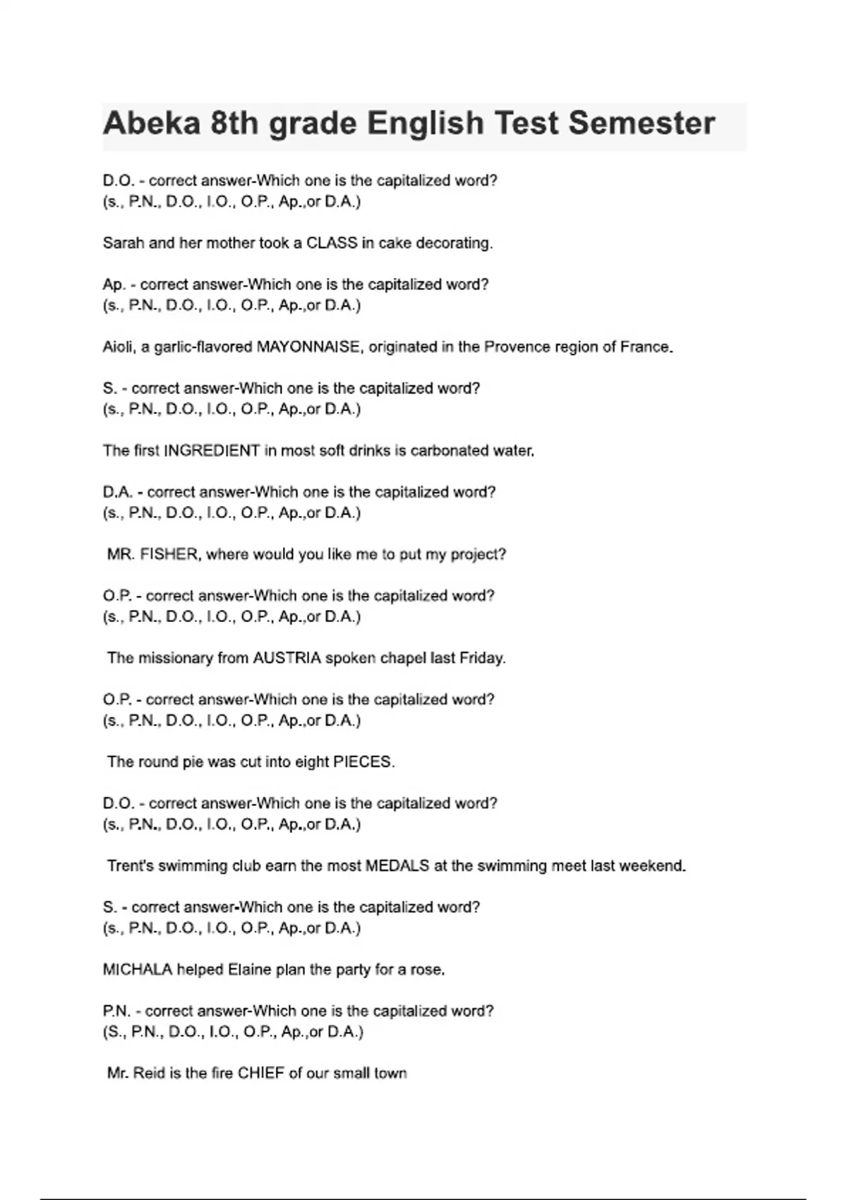 Abeka 8th grade English Test Semester questions and answers - ABEKA ...