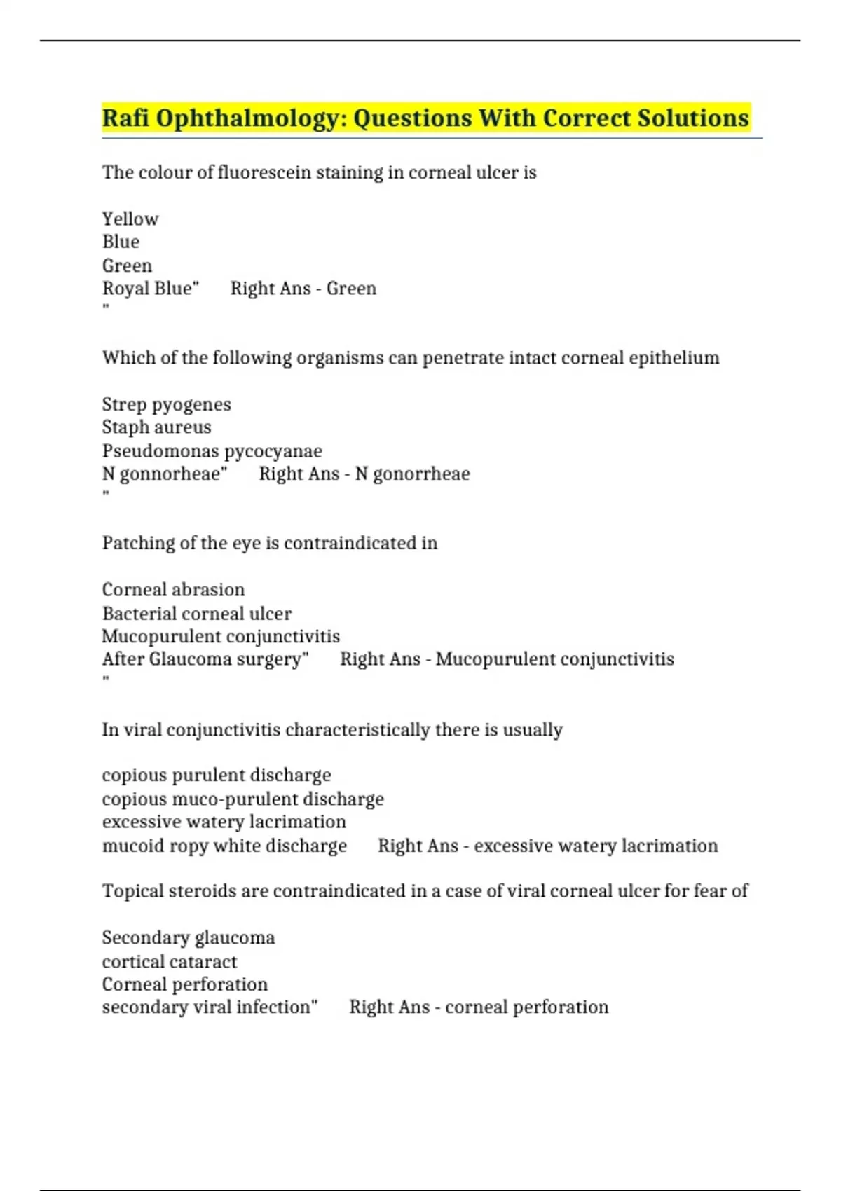 Rafi Ophthalmology: Questions With Correct Solutions - RAFI - Stuvia US