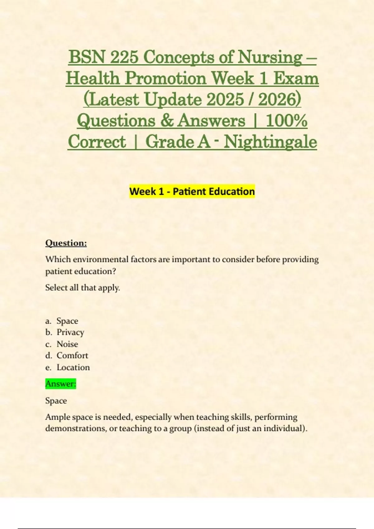 BSN 225 Concepts of Nursing – Health Promotion Week 1 & Week 2 Exams ...