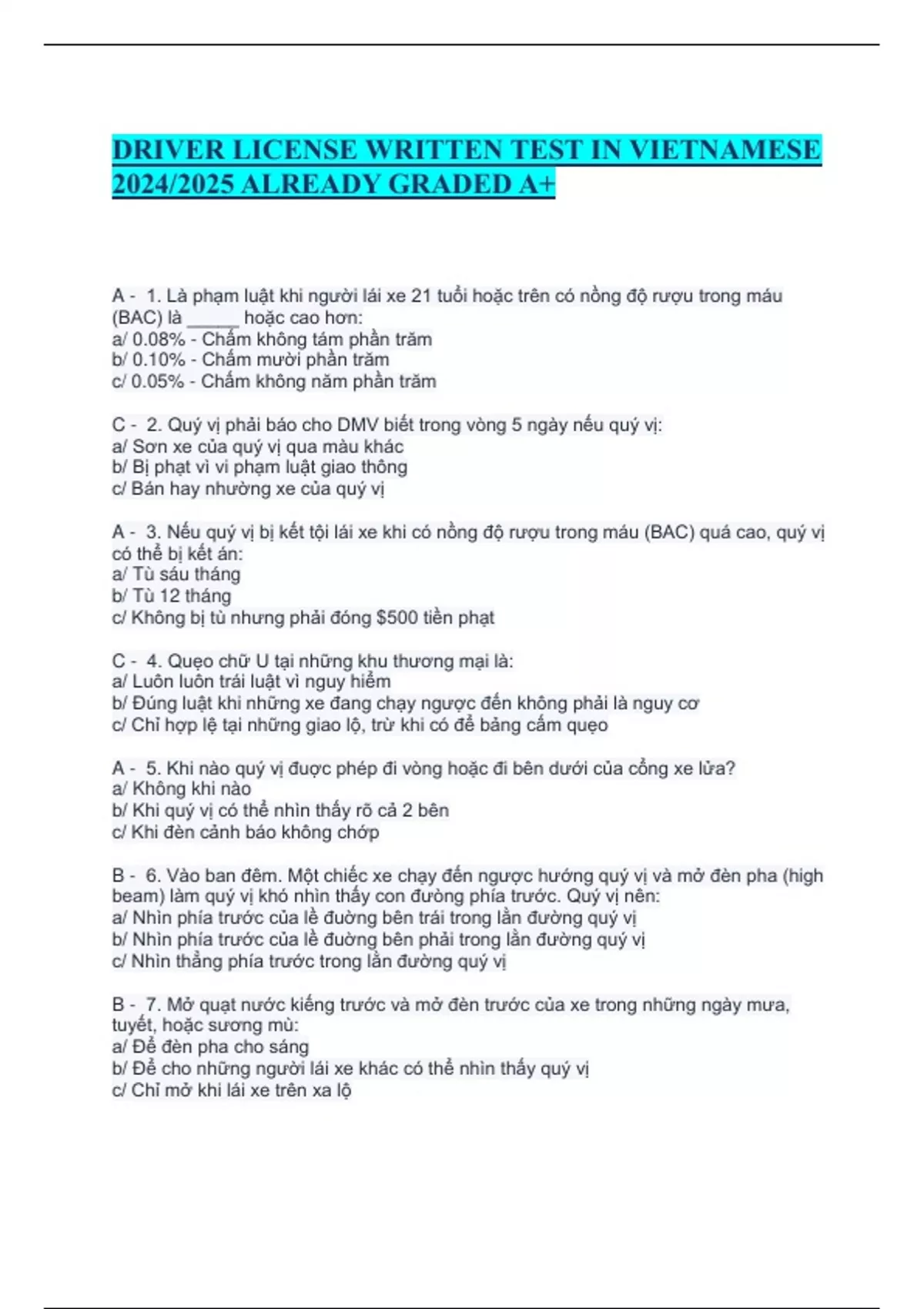 DRIVER LICENSE WRITTEN TEST IN VIETNAMESE 2024/2025 ALREADY GRADED A+ ...