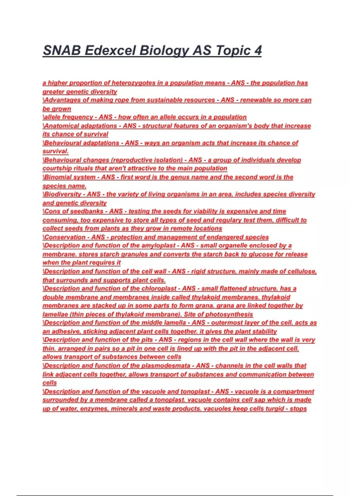 SNAB Edexcel Biology AS Topic 4 2024/2025 Questions With Completed & Verified Solutions ...