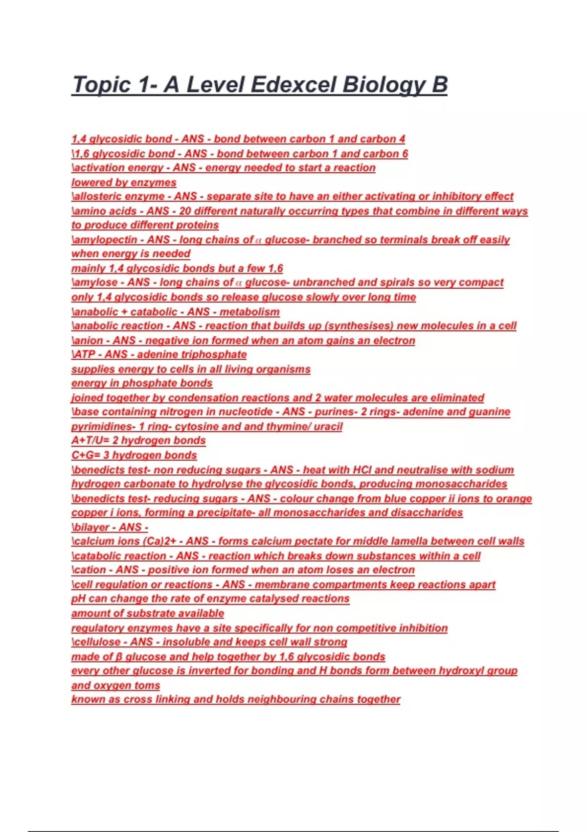 Topic 1- A Level Edexcel Biology B Exam 2024/2025 Questions With ...