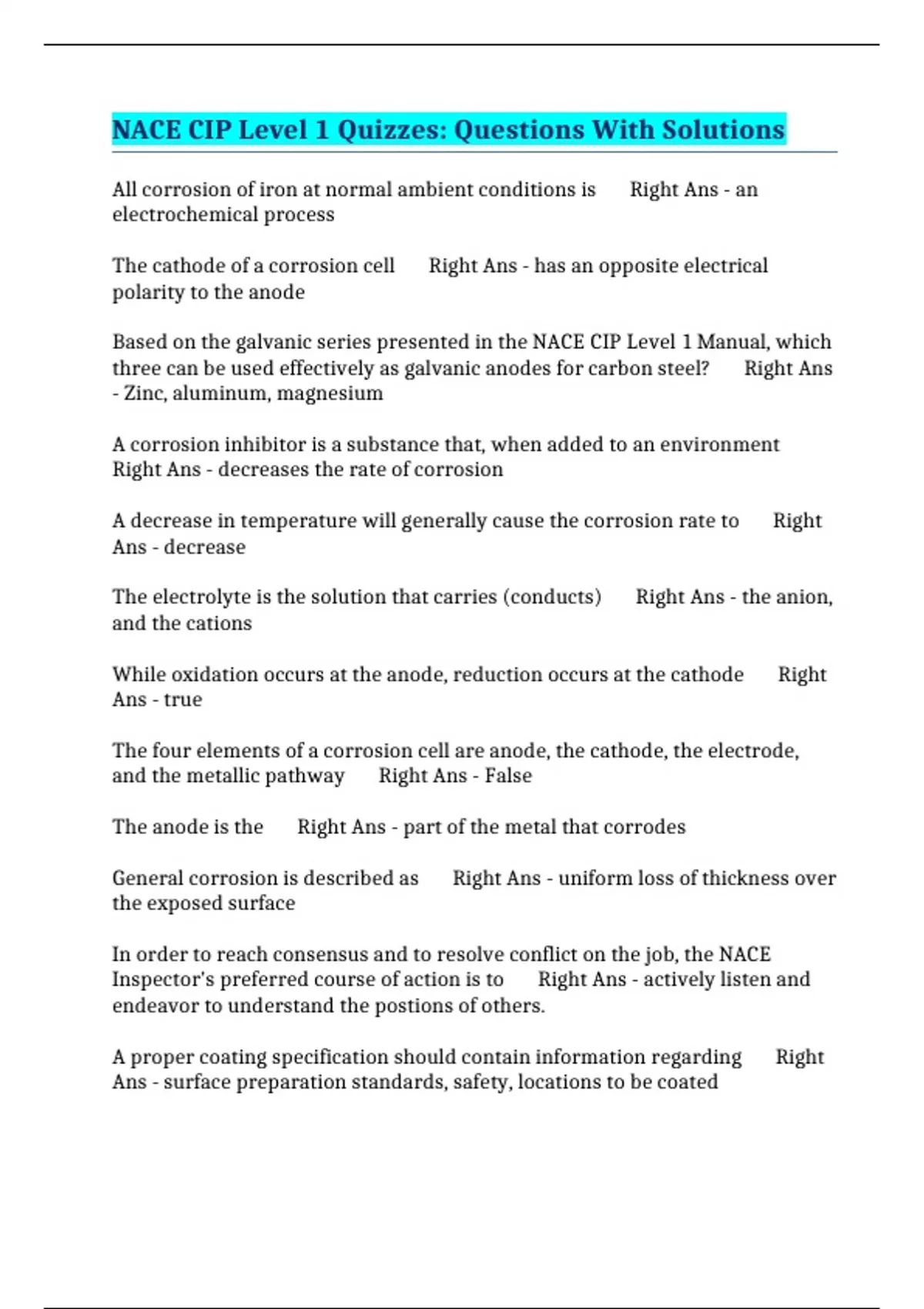 NACE CIP Level 1 Quizzes: Questions With Solutions - NACE CIP - Stuvia US