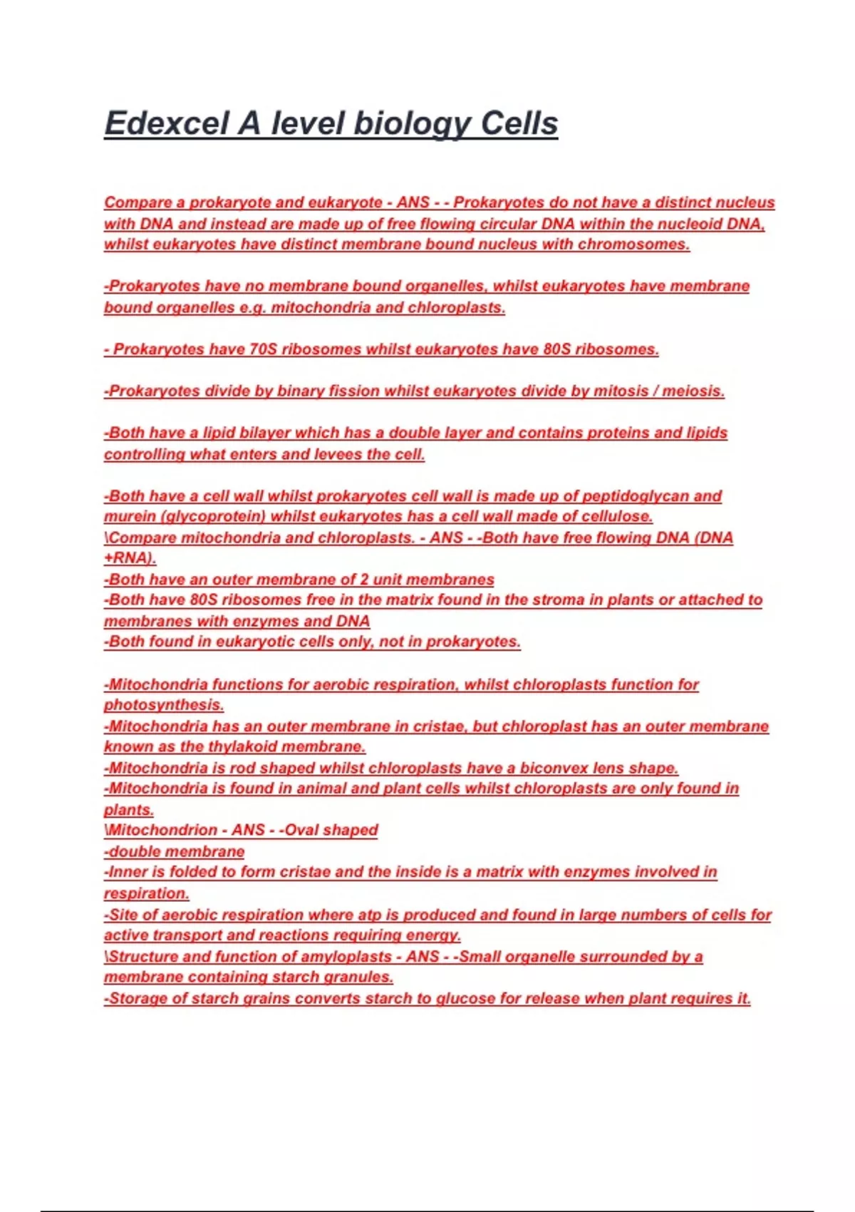 Edexcel A level biology Cells Exam 2024/2025 Questions With Completed ...