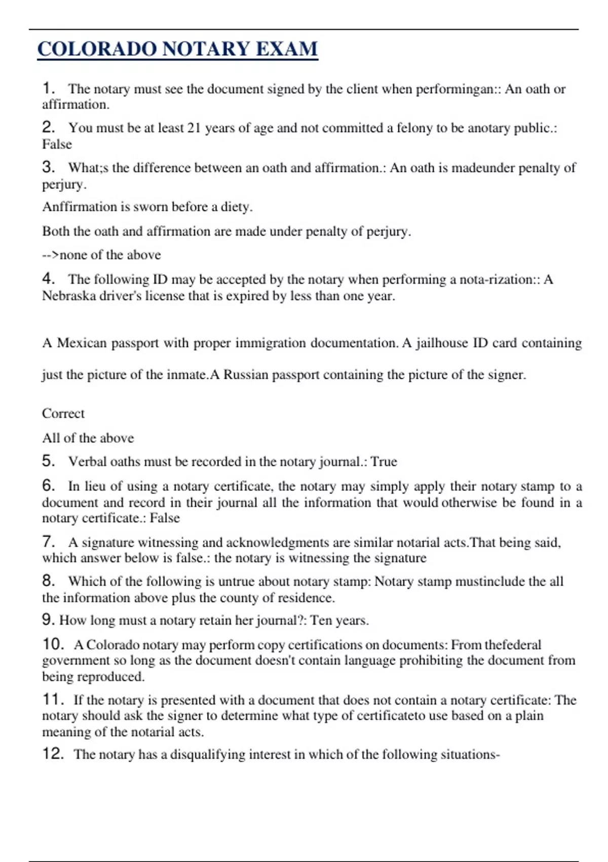 COLORADO NOTARY EXAM ( LATEST 2024 / 2025 ) ACTUAL QUESTIONS AND ...