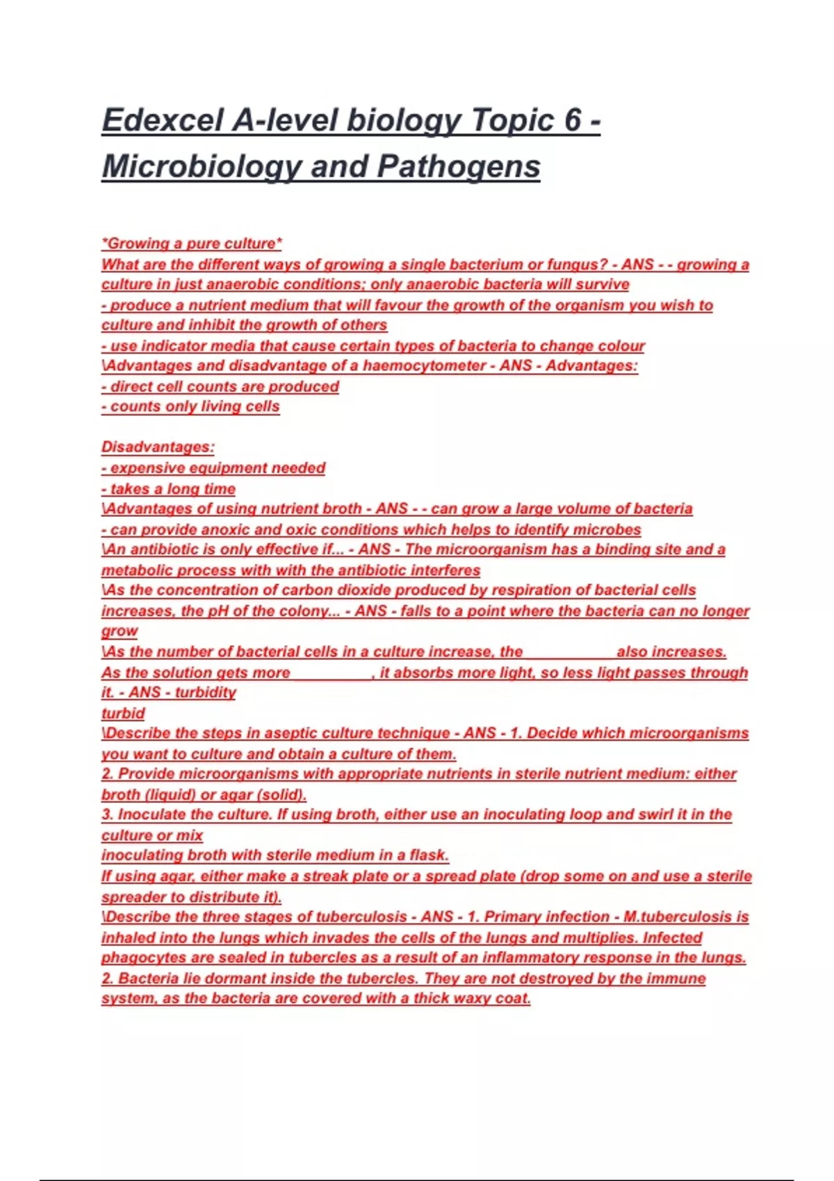 Edexcel A-level biology Topic 6 - Microbiology and Pathogens Exam 2024/ ...