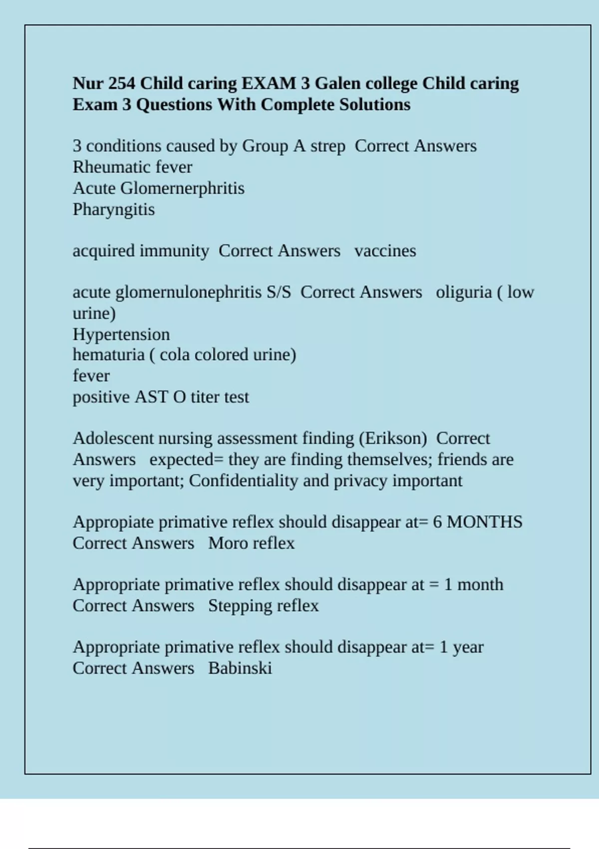 Nur 254 Child caring EXAM 3 Galen college Child caring Exam 3 Questions ...