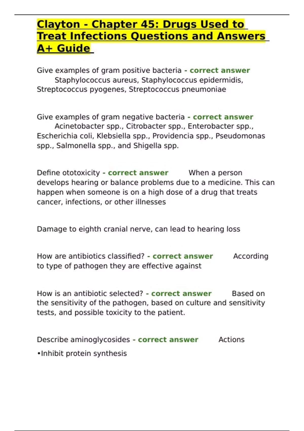 Clayton - Chapter 45 Drugs Used to Treat Infections Questions and ...
