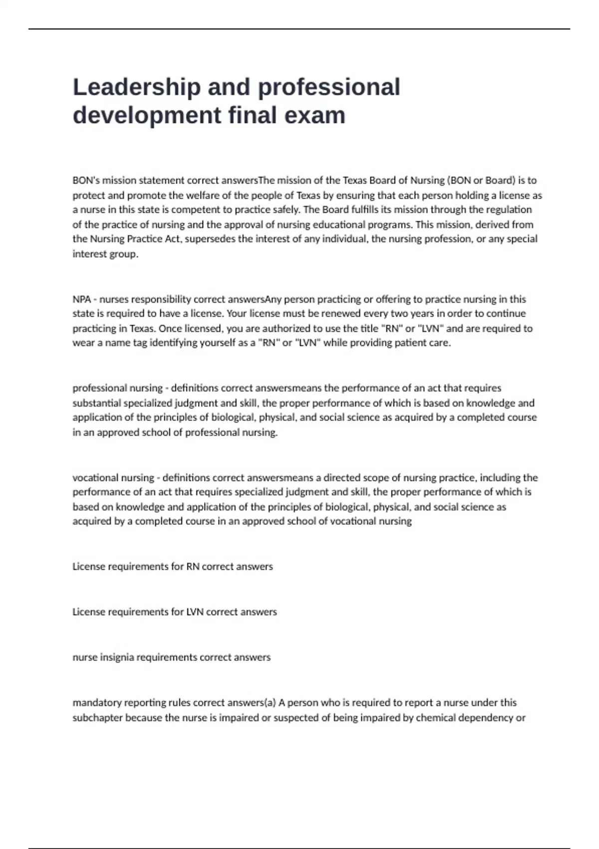 Leadership and professional development final exam 2024/2025 with 100% ...