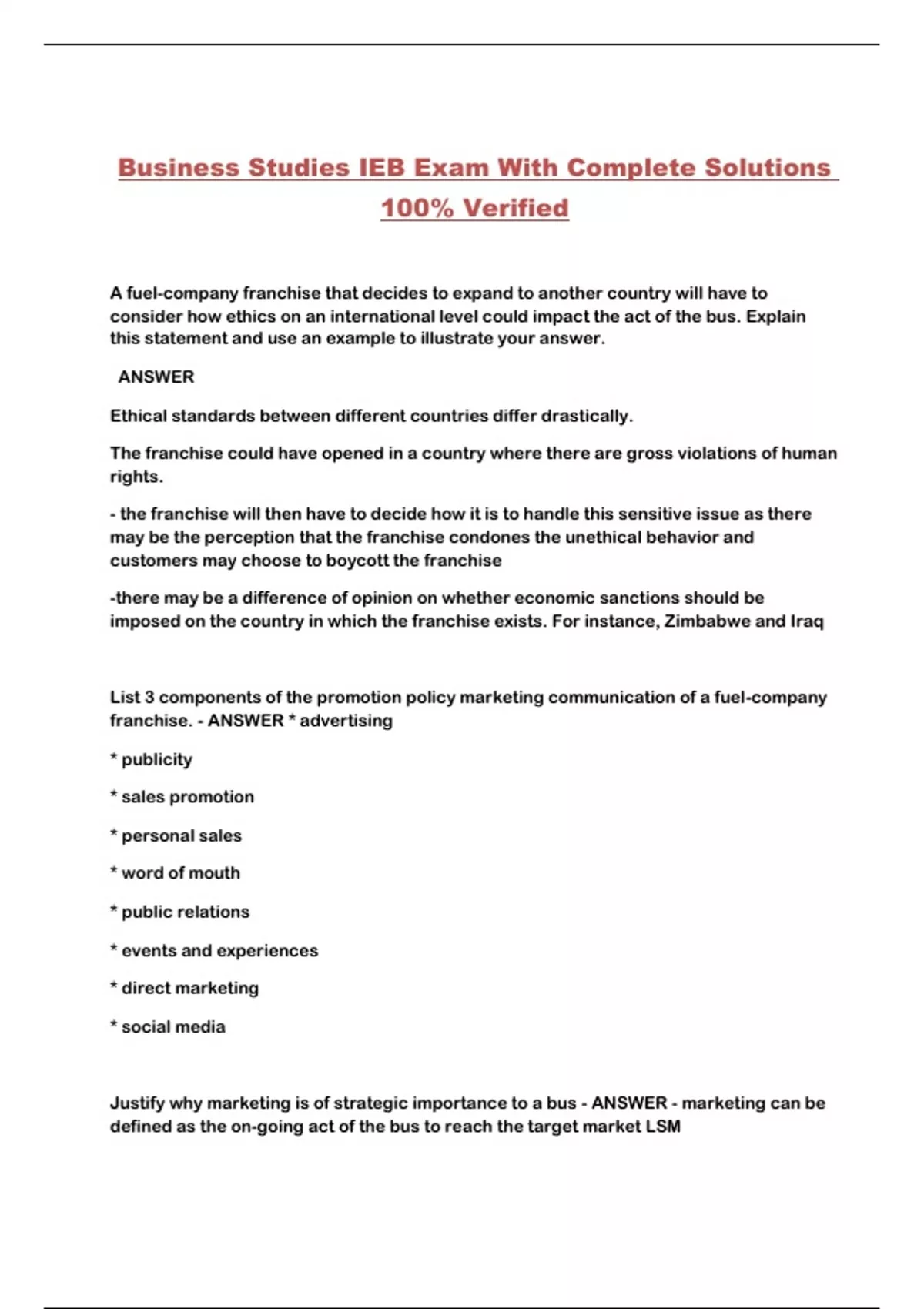 Business Studies IEB Exam With Complete Solutions 100% Verified ...