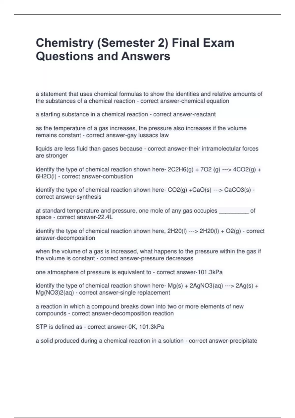 Chemistry (Semester 2) Final Exam Questions and Answers - Chemistry ...