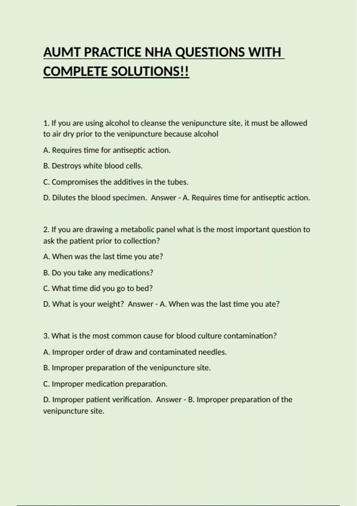 AUMT PRACTICE NHA QUESTIONS WITH COMPLETE SOLUTIONS!! - AUMT NHA ...