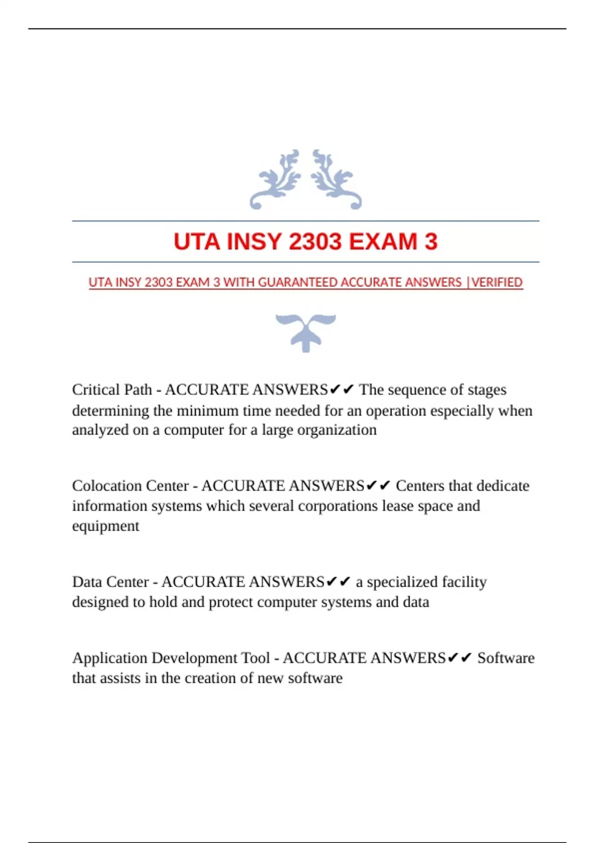 UTA INSY 2303 EXAM 3 WITH GUARANTEED ACCURATE ANSWERS |VERIFIED - UTA INSY 2303 - Stuvia US