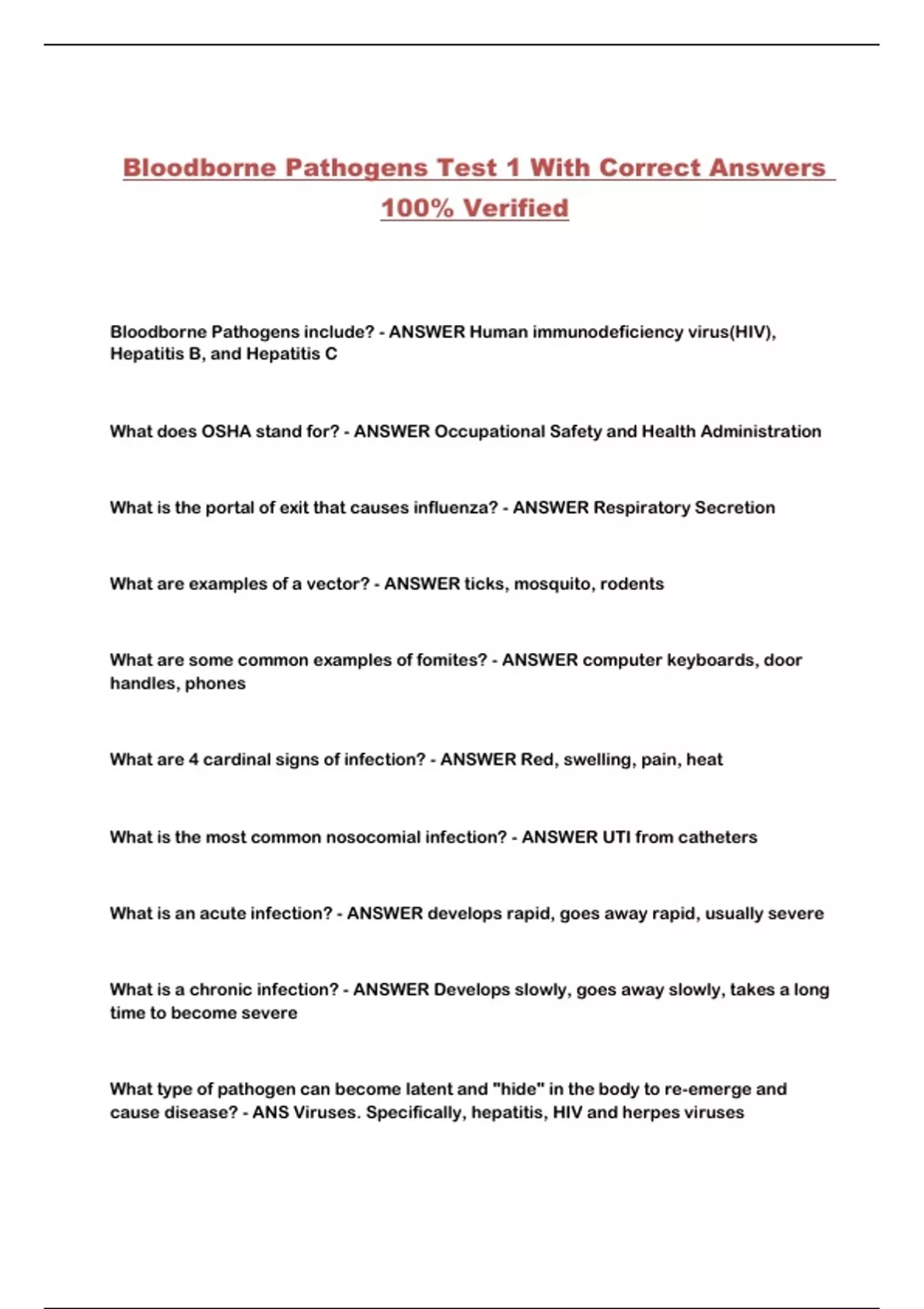 Bloodborne Pathogens Test 1 With Correct Answers 100% Verified ...
