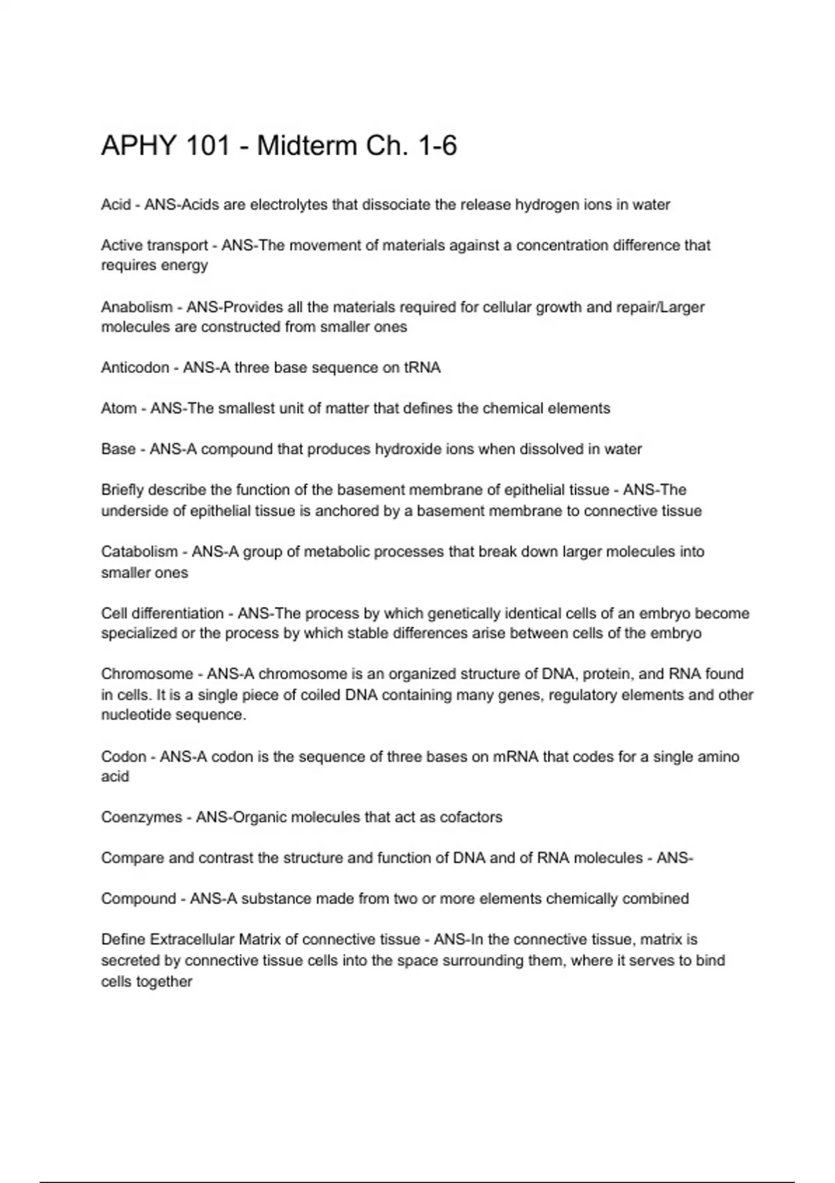 APHY 101 - Midterm Ch. 1-6 – QUESTION AND ANSWERS | LATEST UPDATE 2024 ...